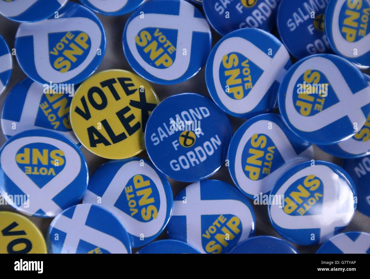 SNP badges as First Minister Nicola Sturgeon and Alex Salmond campaign ...