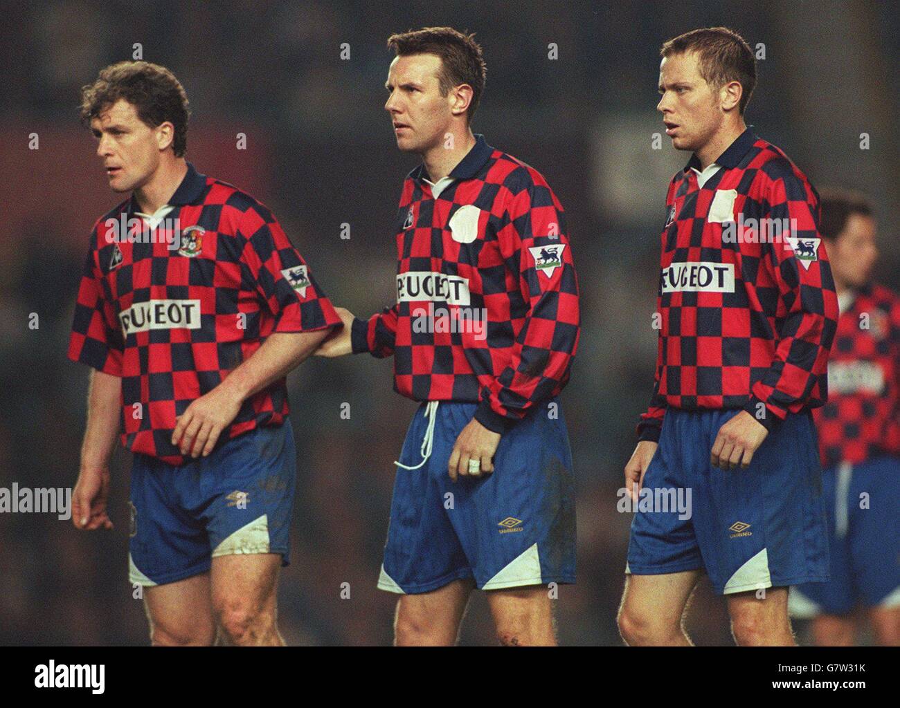 l-r Mark Hughes, Craig Burley and Scott Minto, Chelsea {Chelsea had to ...