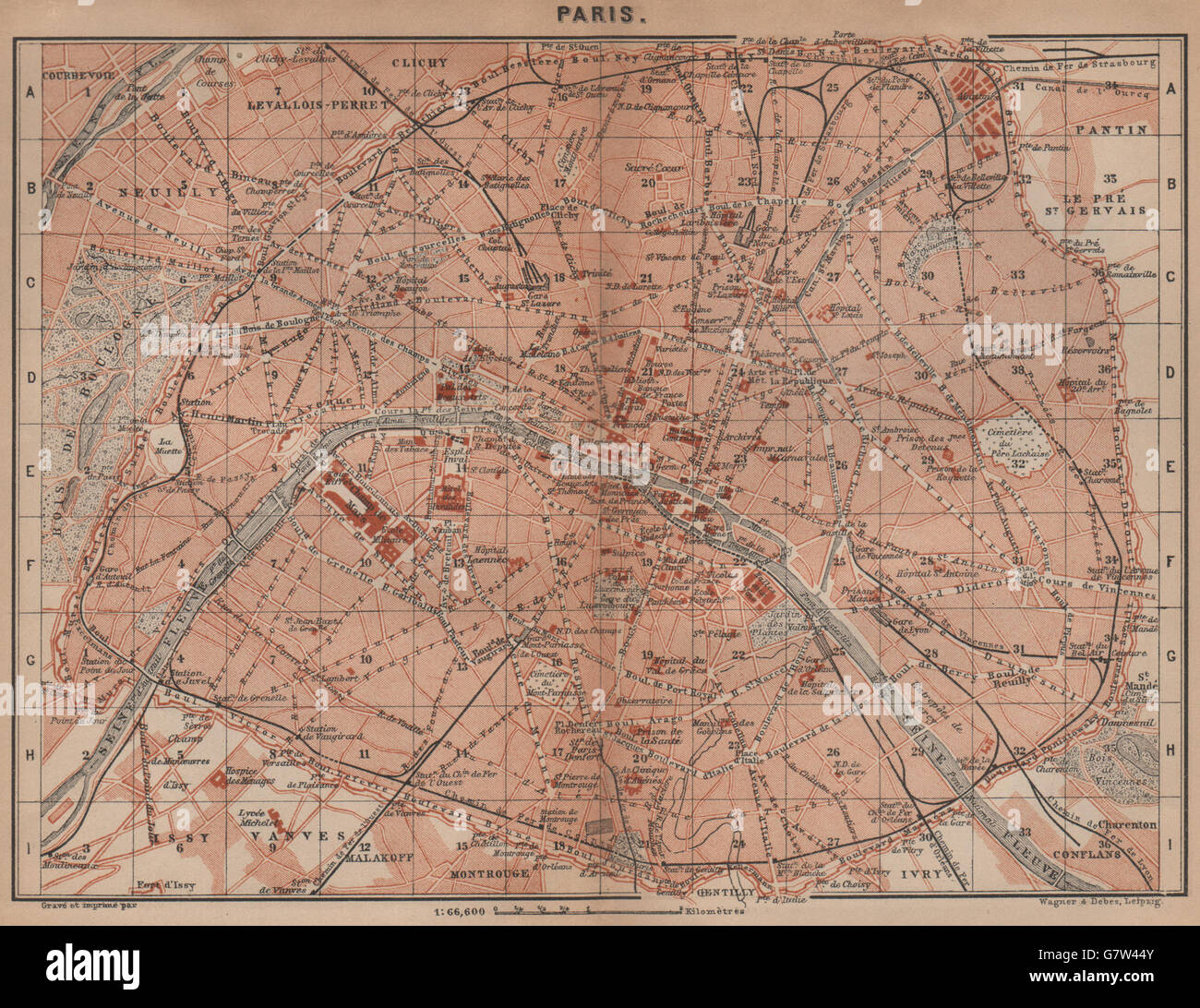 PARIS town city plan de la ville showing city walls. Railways carte ...