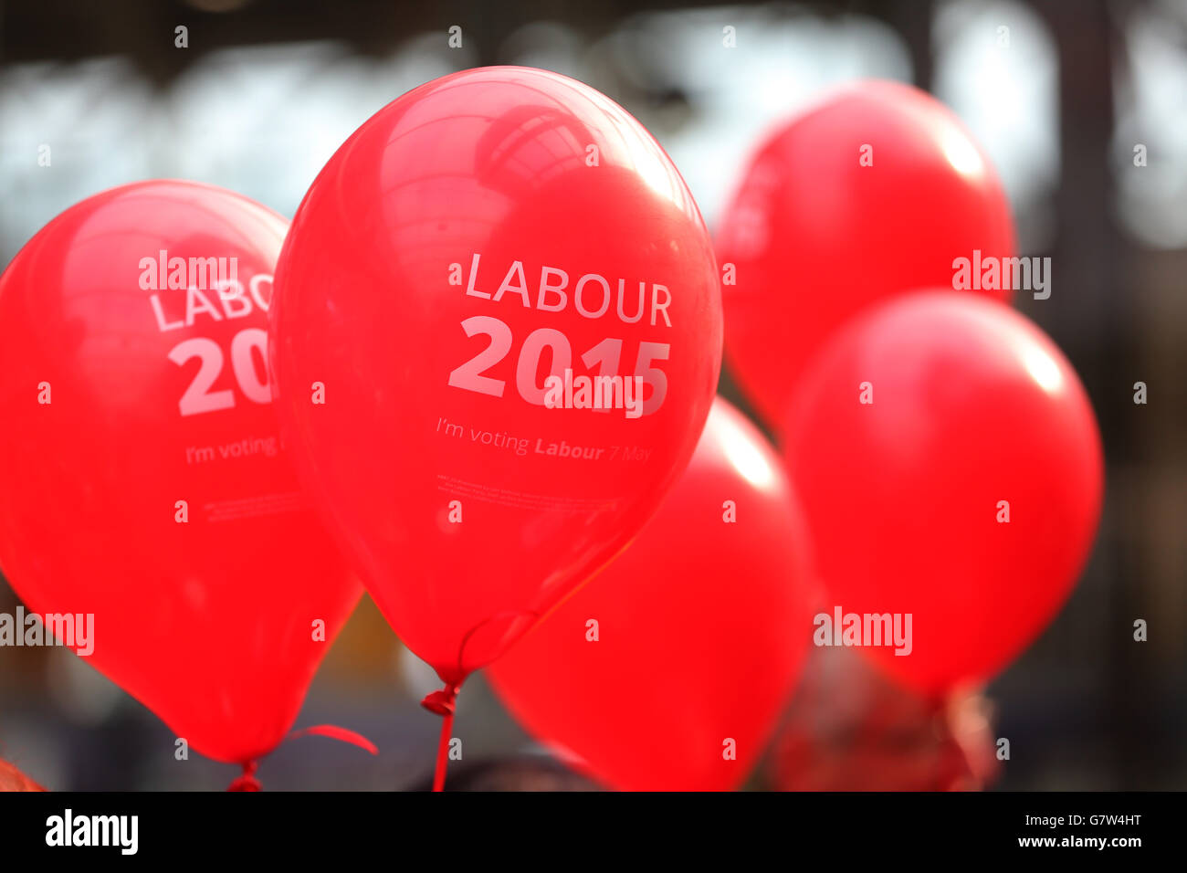 Labour Party supporters hold balloons before the arrival of leader Ed ...