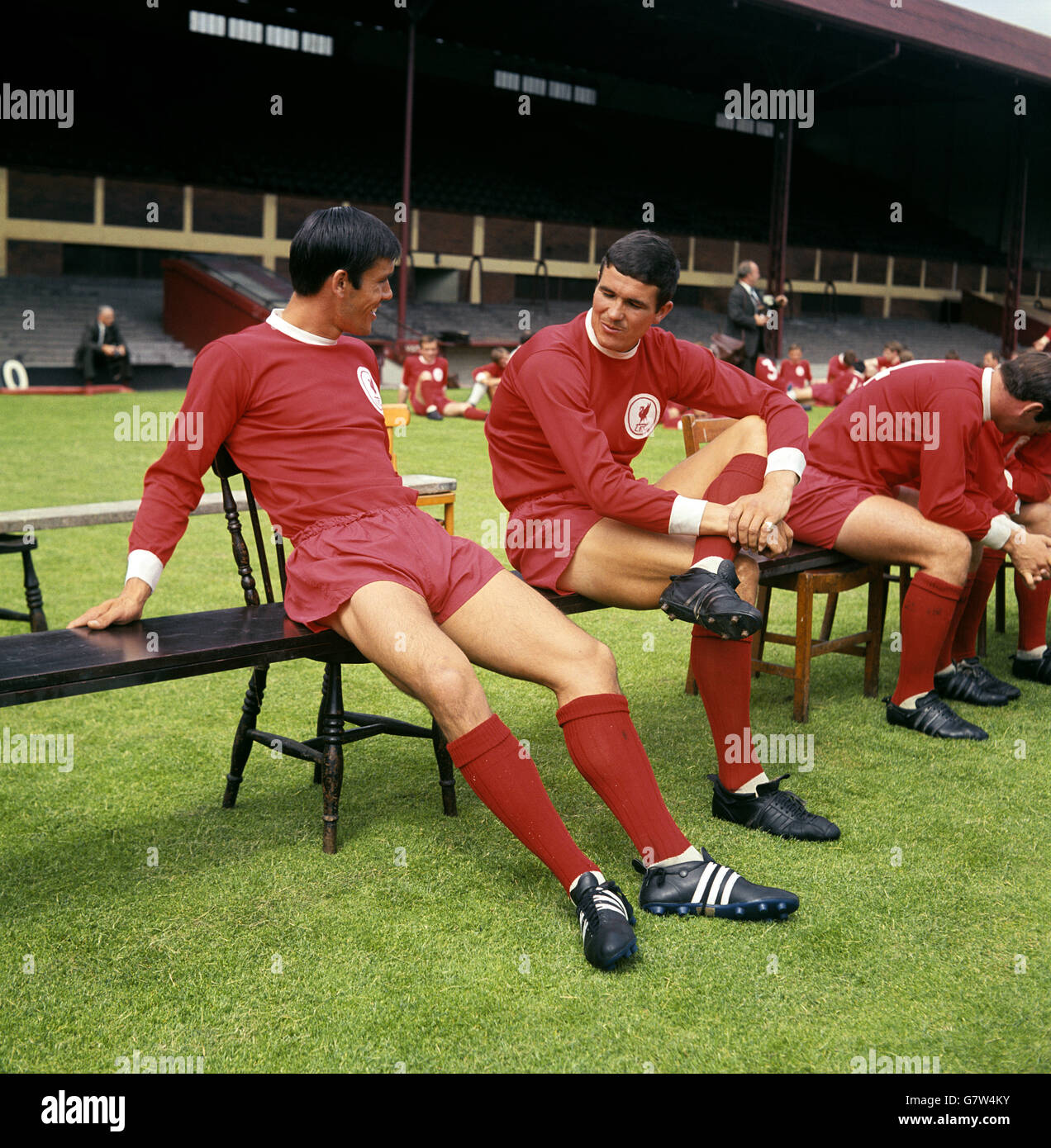(L-R) Liverpool's Tony Hateley and Ron Yeats chat during the team's ...