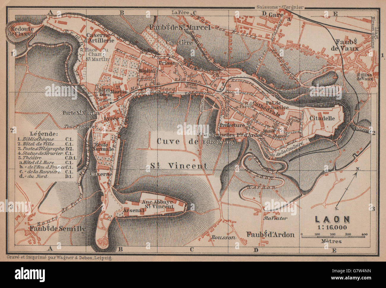 LAON antique town city plan de la ville. Aisne carte. BAEDEKER, 1899 ...