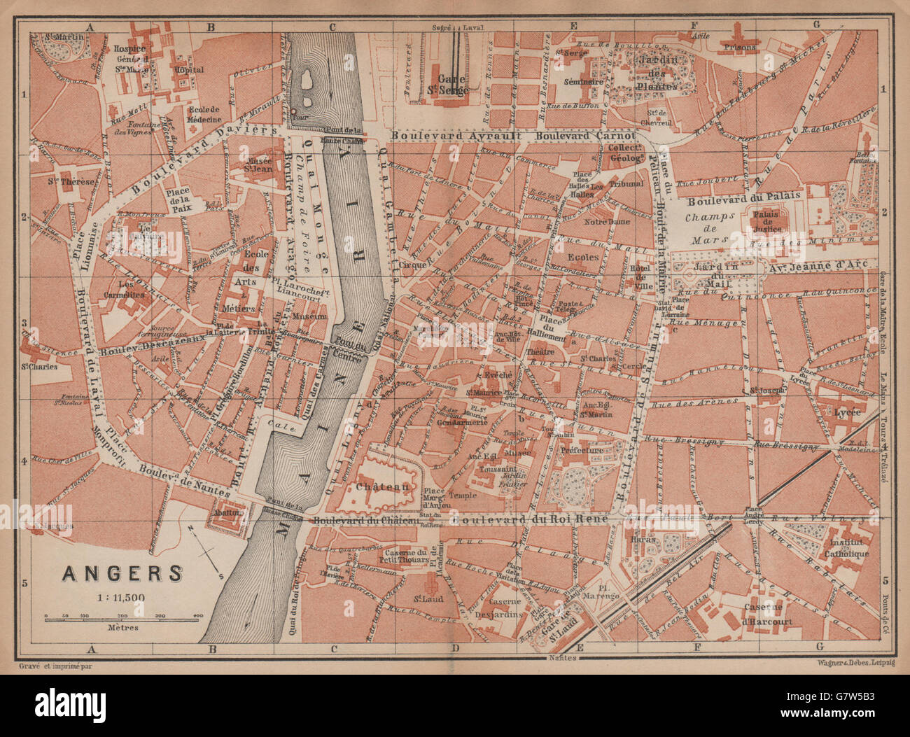 ANGERS antique town city plan de la ville. Maine-et-Loire carte, 1899 ...