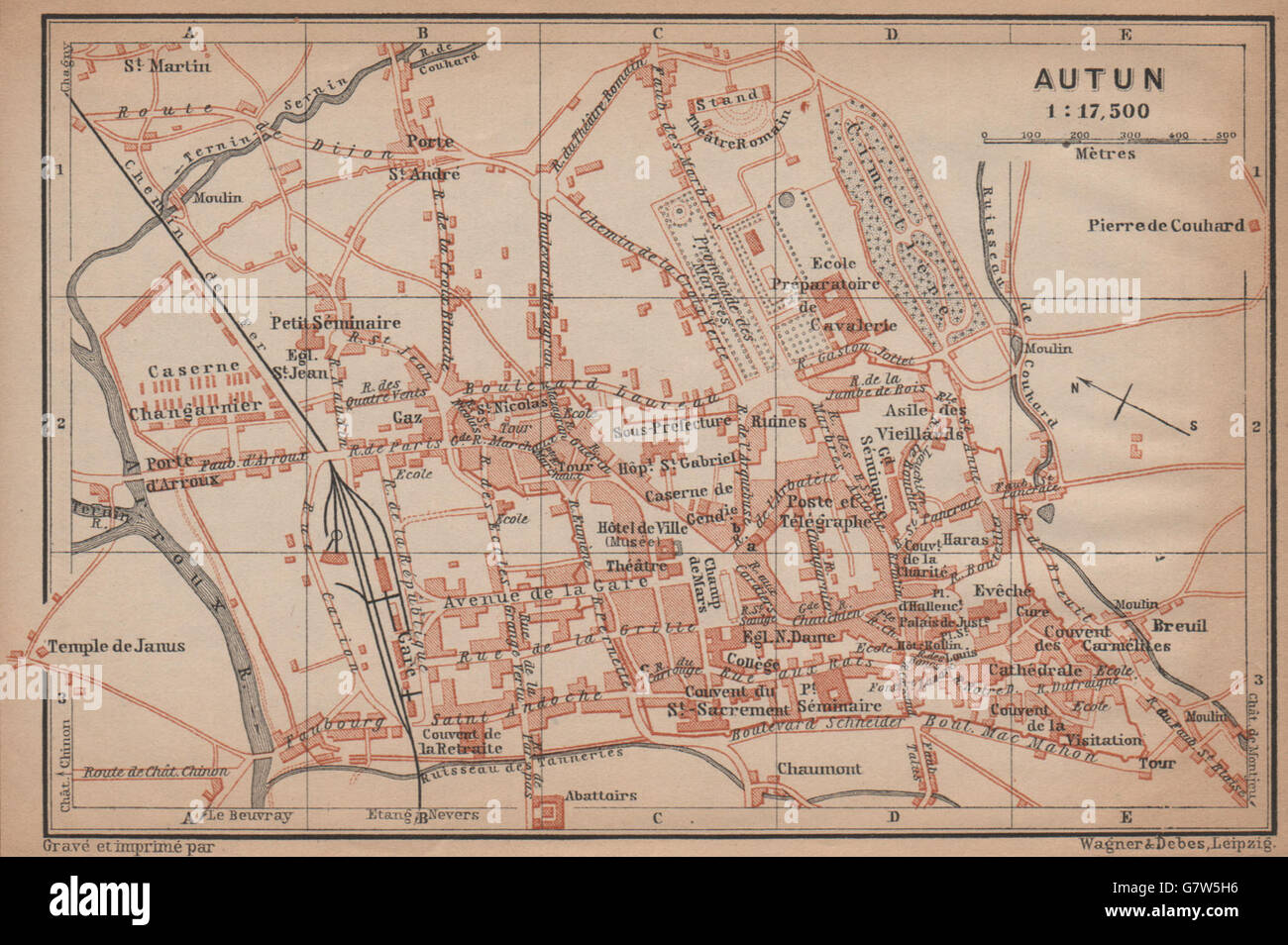 AUTUN antique town city plan de la ville. Saône-et-Loire carte, 1899 ...