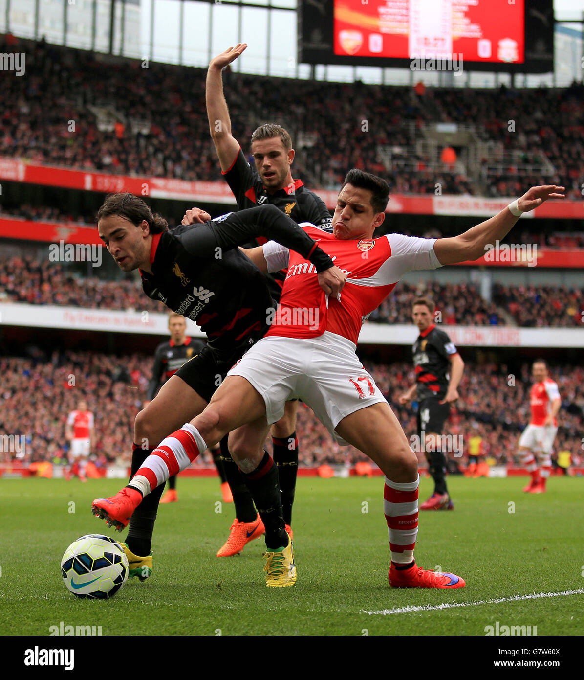 Arsenal's Alexis Sanchez (right) and Liverpool's Lazar Markovic in ...