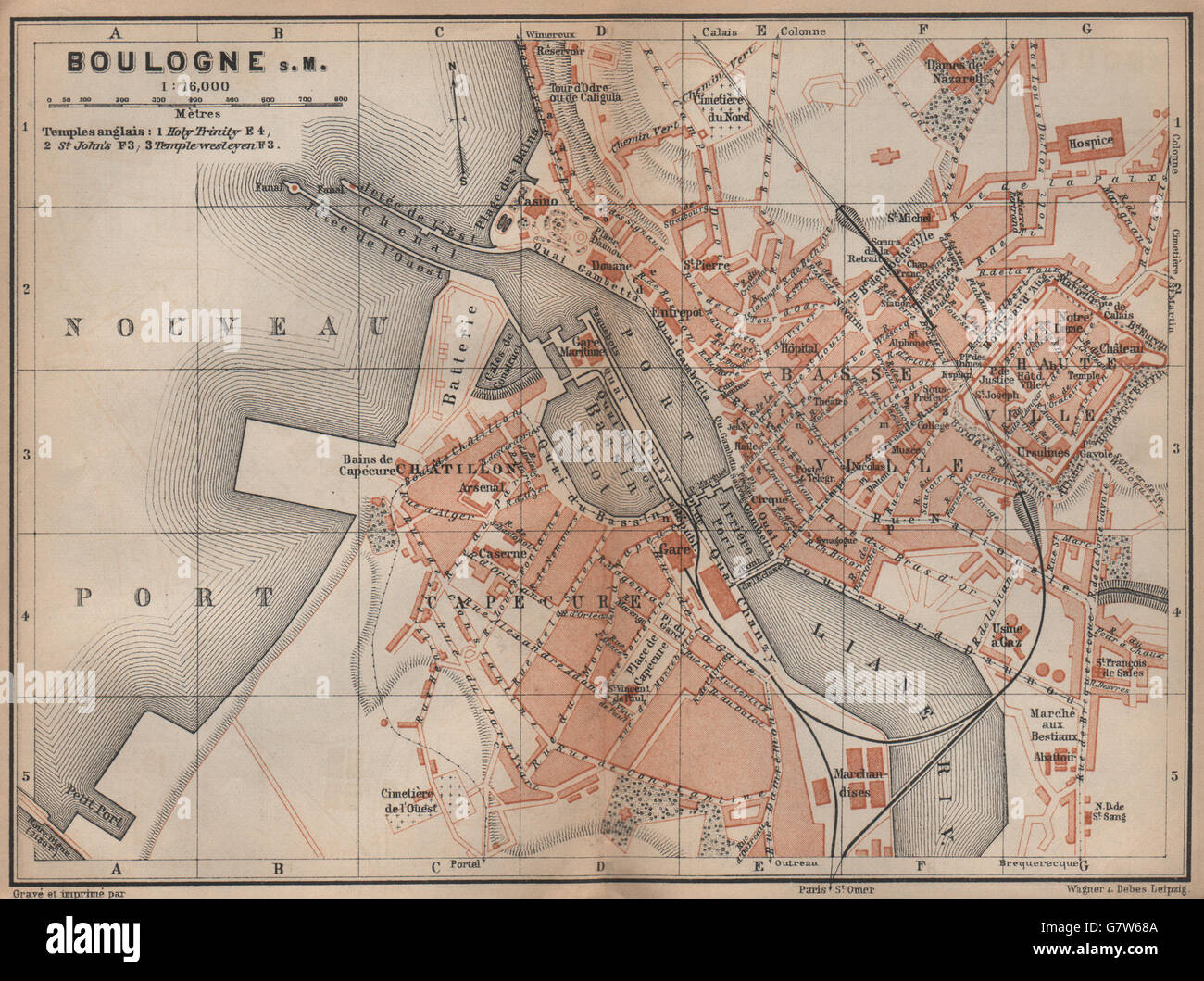 BOULOGNE-SUR-MER town city plan de la ville. Pas-de-Calais carte, 1905 ...