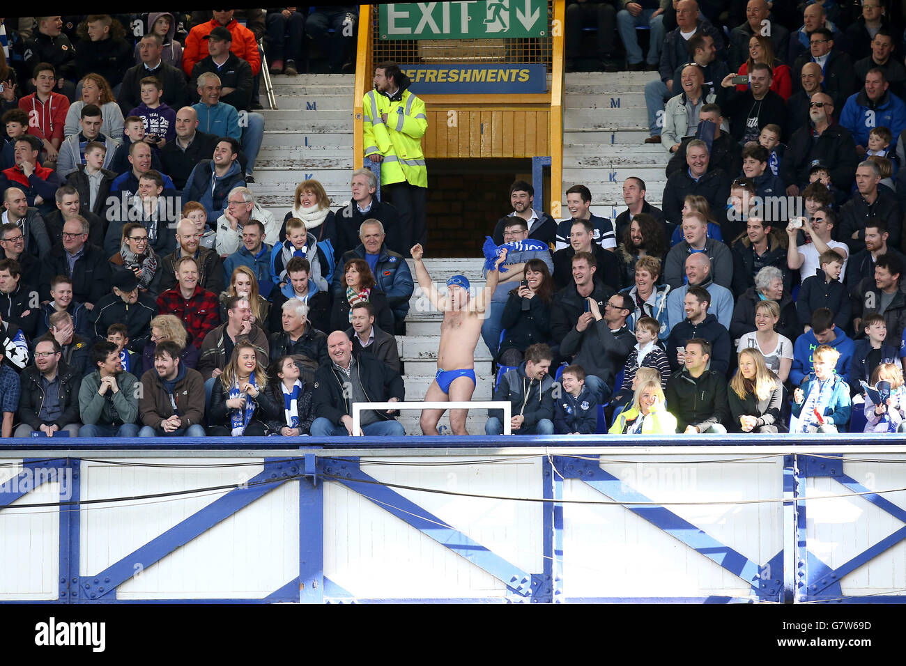 An Everton supporter in speedos and a swimming cap during the Barclays ...