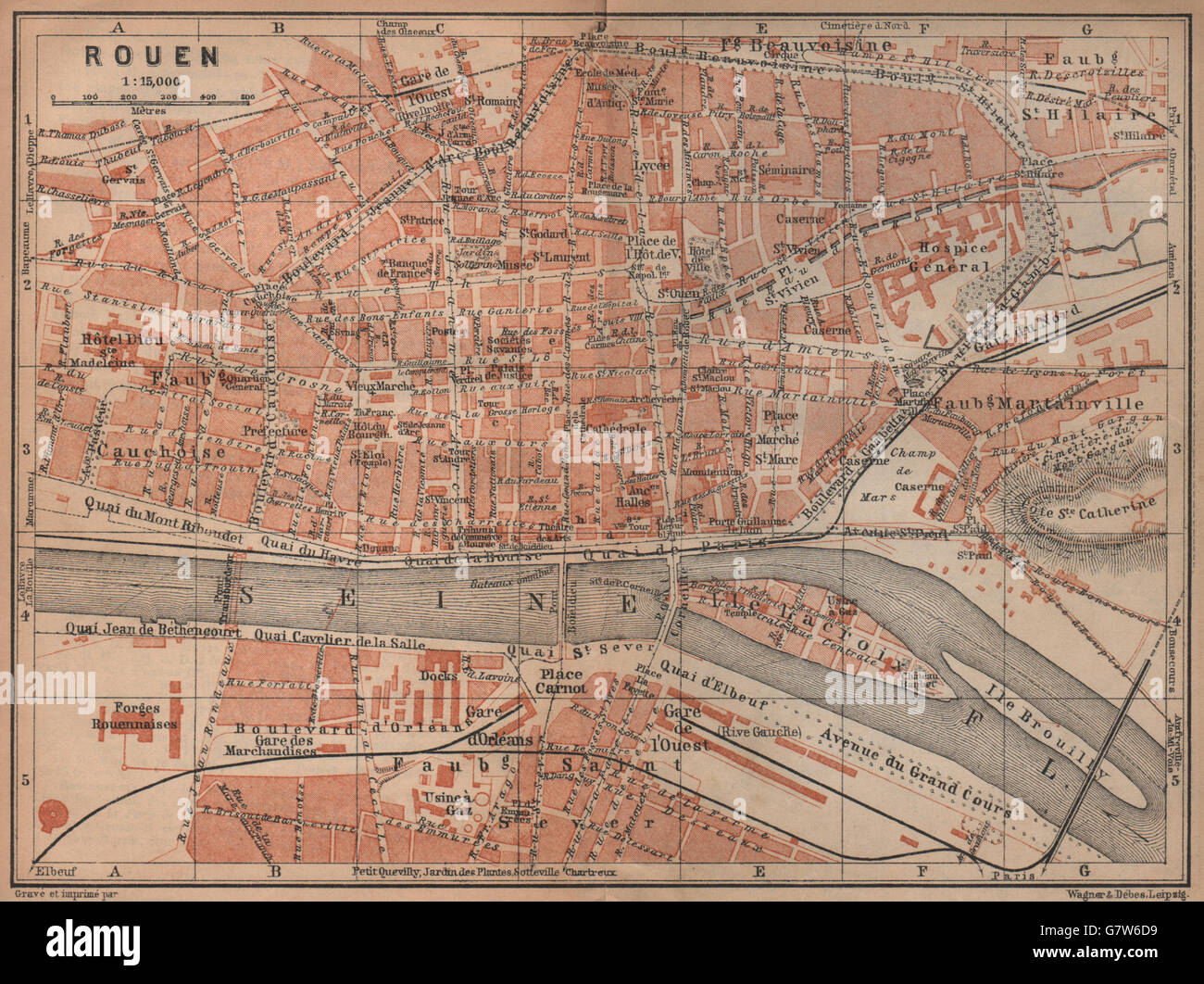 ROUEN antique town city plan de la ville. Seine-Maritime carte, 1905 ...