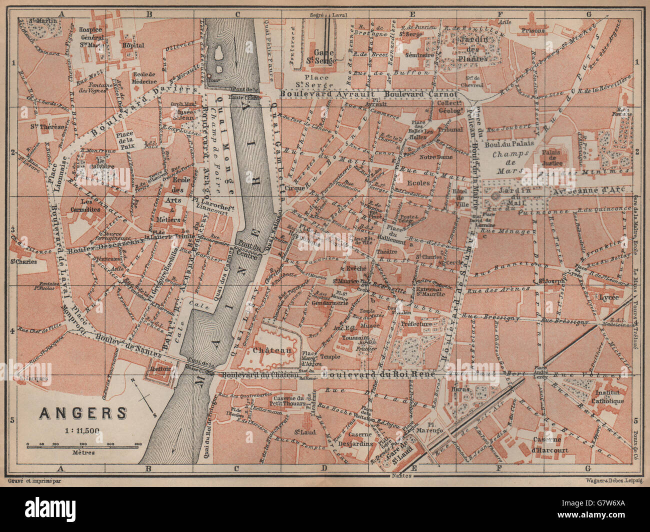 ANGERS antique town city plan de la ville. Maine-et-Loire carte, 1905 ...