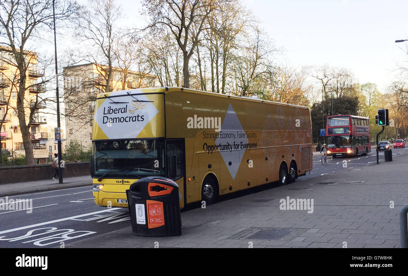 The Liberal Democrats' broken down election campaign bus at the side of ...