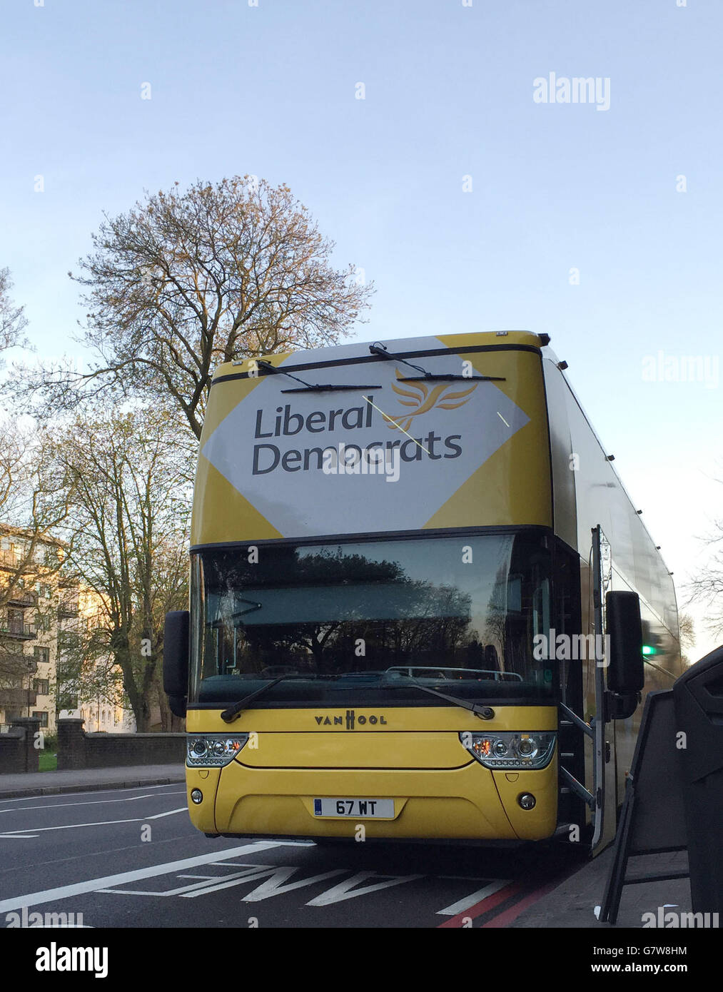 The Liberal Democrats' broken down election campaign bus at the side of ...