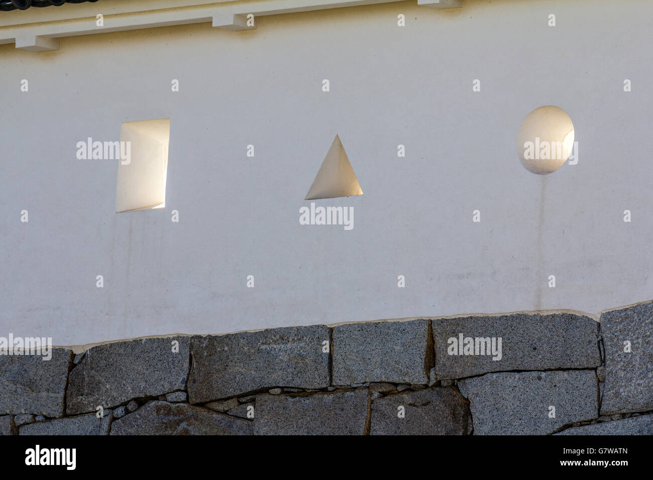 Japan, Ako castle. Dobei wall on top of Ishigaki stone wall, various ...