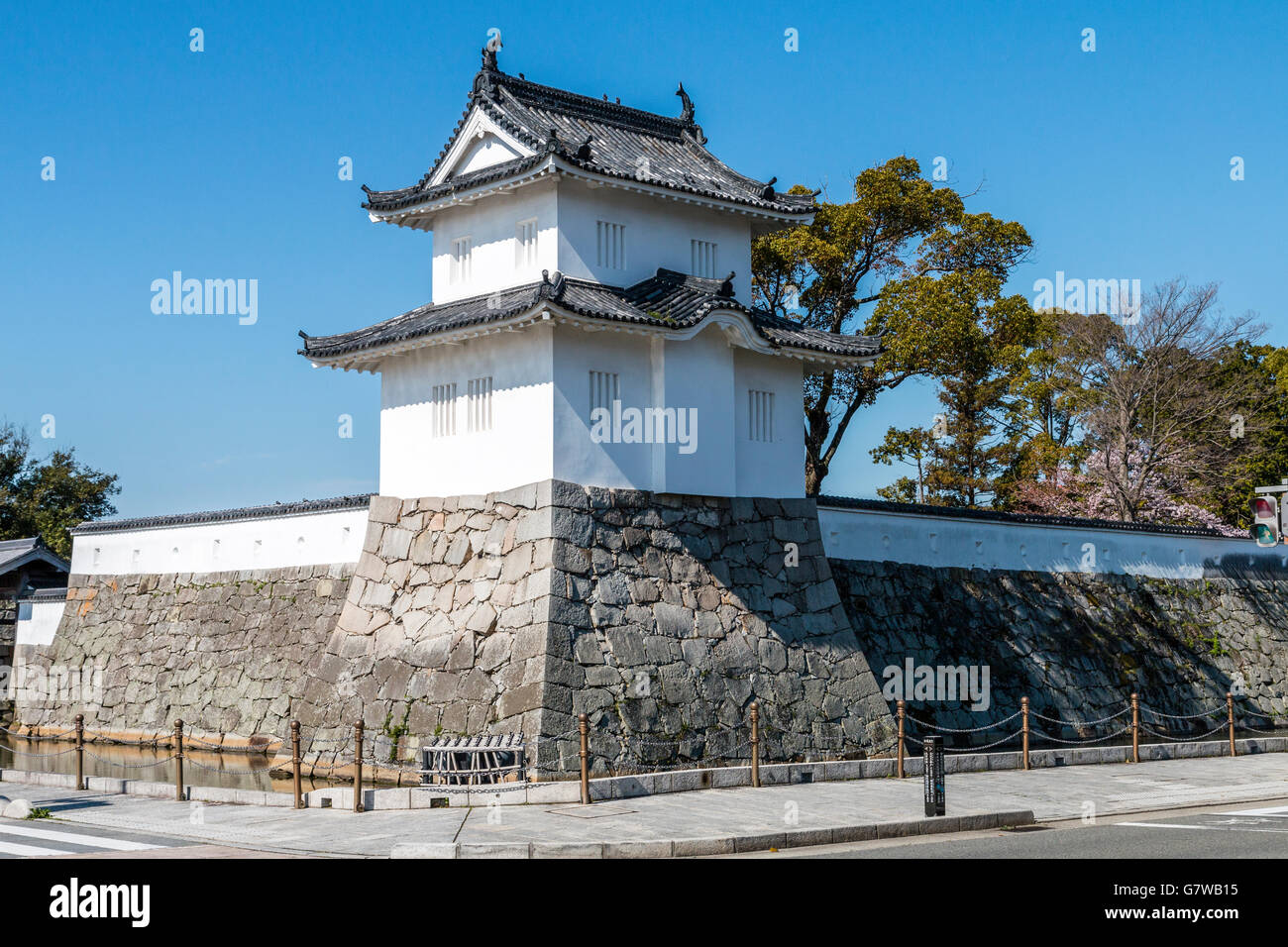 Japan, Ako castle. Ote sumi yaragu, 2 storey turret, tower. Moat and ...