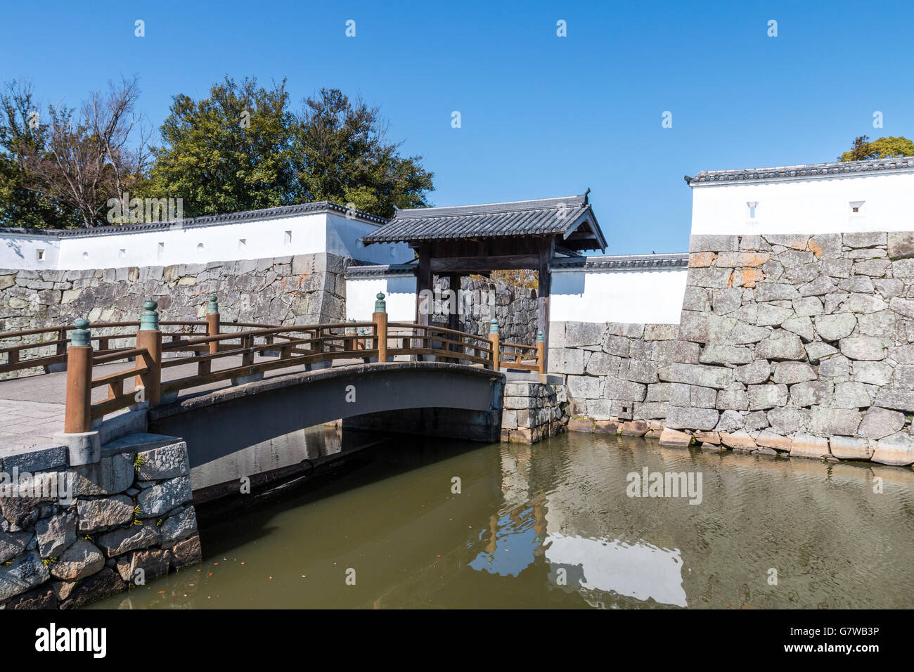 Japan, Ako castle. Ote-mon Koraimon style gate with bridge over moat ...