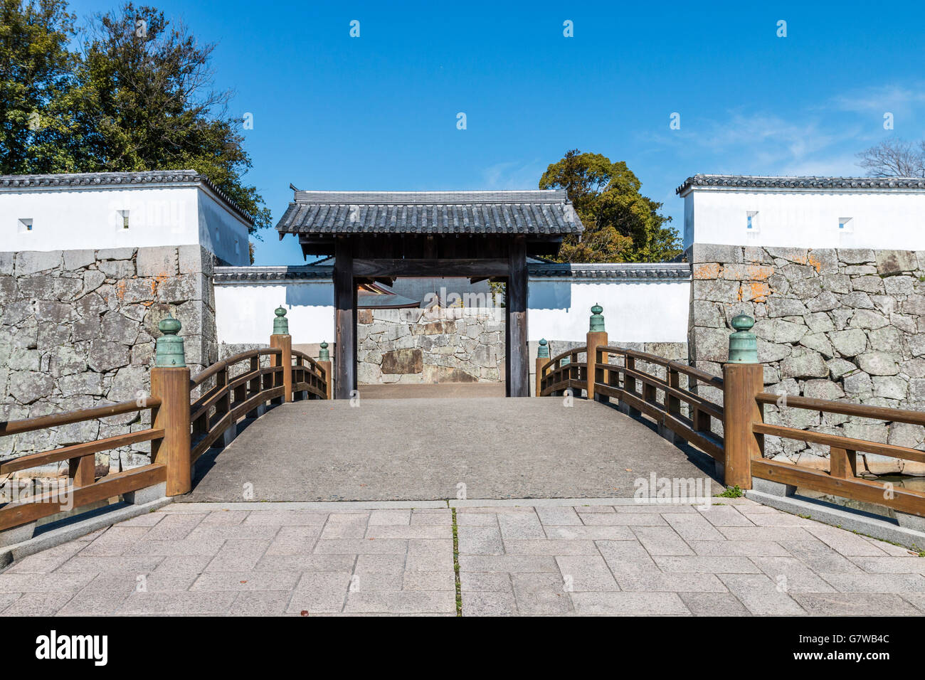 Japan, Ako castle. Ote-mon Koraimon style gate with bridge over moat ...