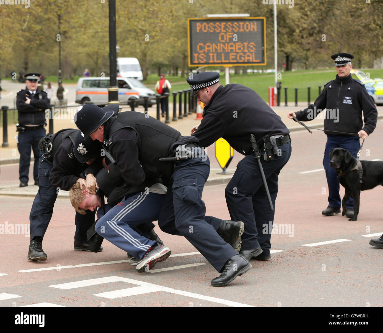 Police restrain a man at an entrance to Hyde Park, central London ...
