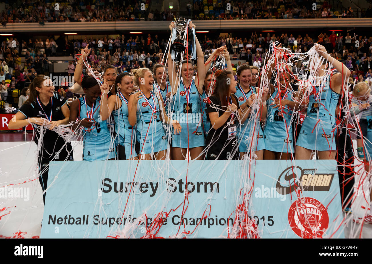 Surrey Storm's player's celebrate their victory with the trophy Stock ...
