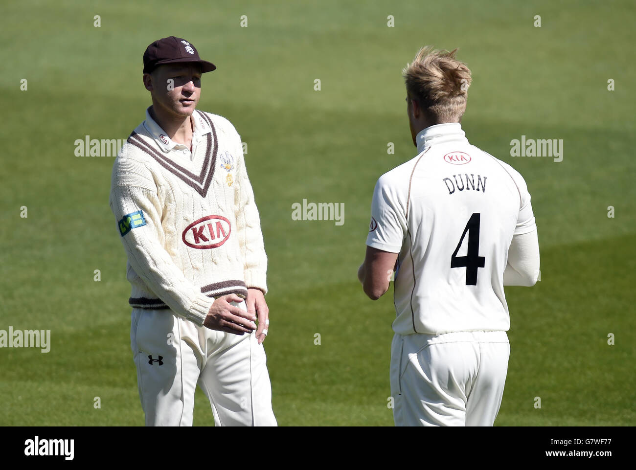 Surrey's Gareth Batty (left) chats with Matt Dunn during the morning ...