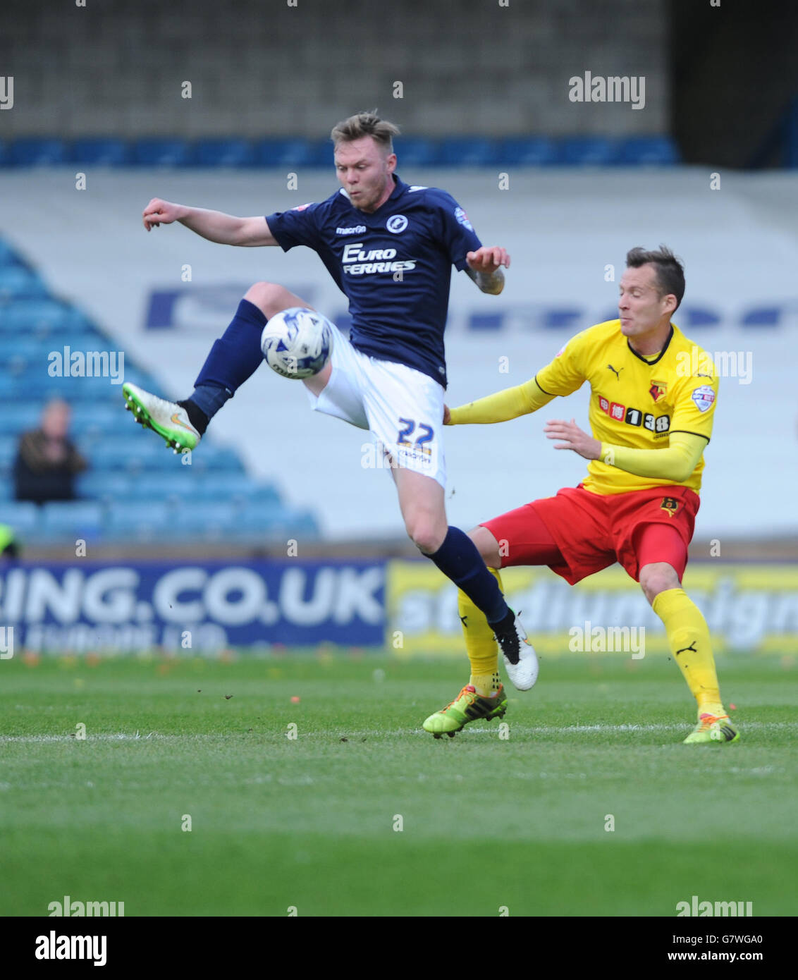 Millwall's Aiden O'Brien (left) and Watford's Daniel Tozser during the ...