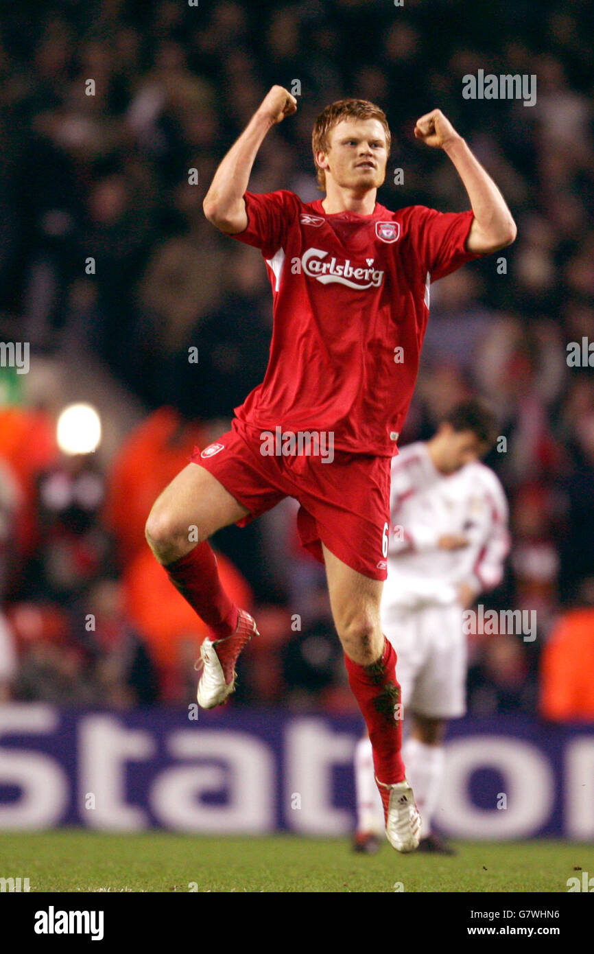 Liverpool's John Arne Riise celebrates scoring his teams second goal ...