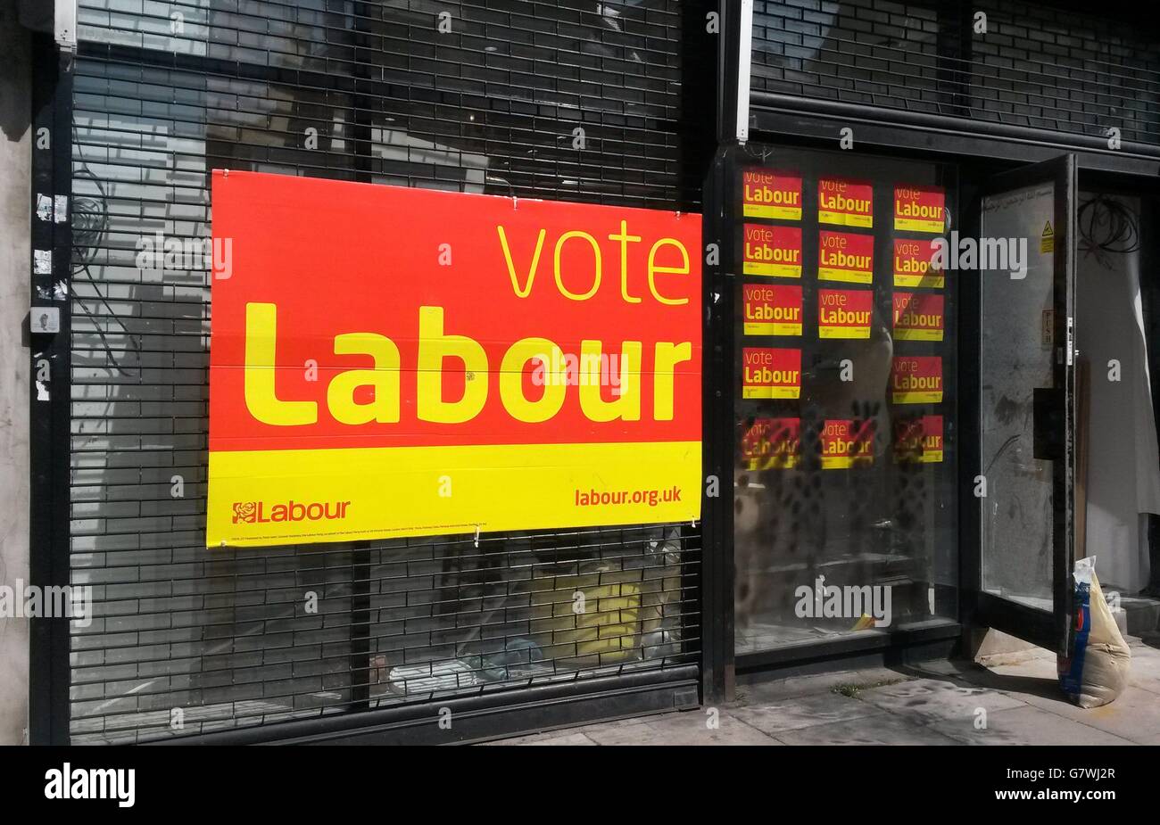 A general view of Vote Labour signs in an empty shop on Kilburn High ...