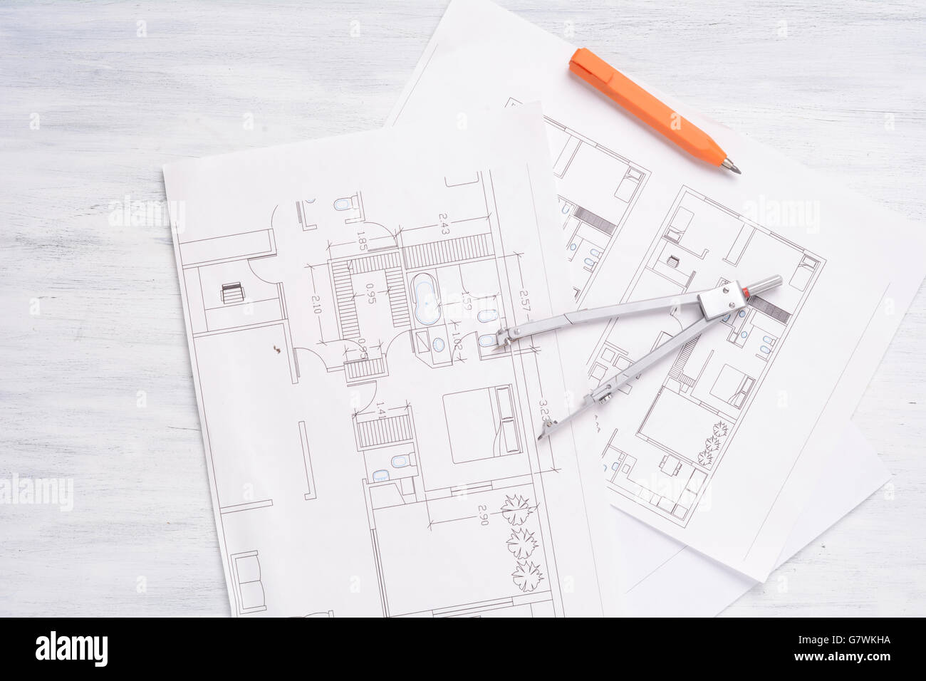 3d renderer image. House plan with pencil and compass. Architecture ...