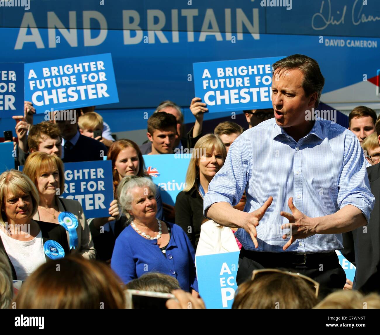 Prime Minister David Cameron speaking during a Conservative Party rally ...