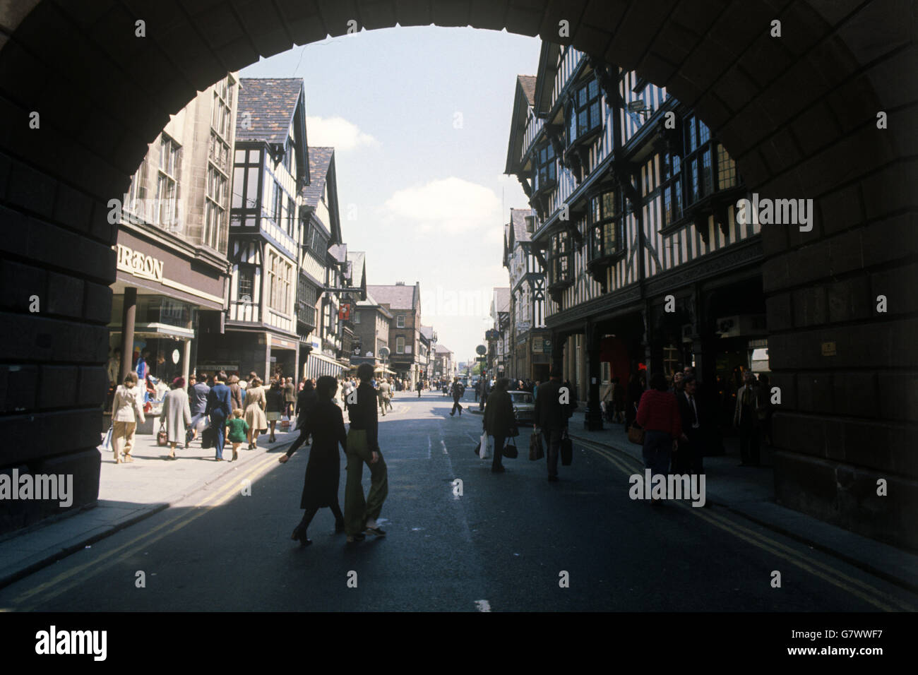A view of Foregate Street from underneath Chester's East Gate Stock ...