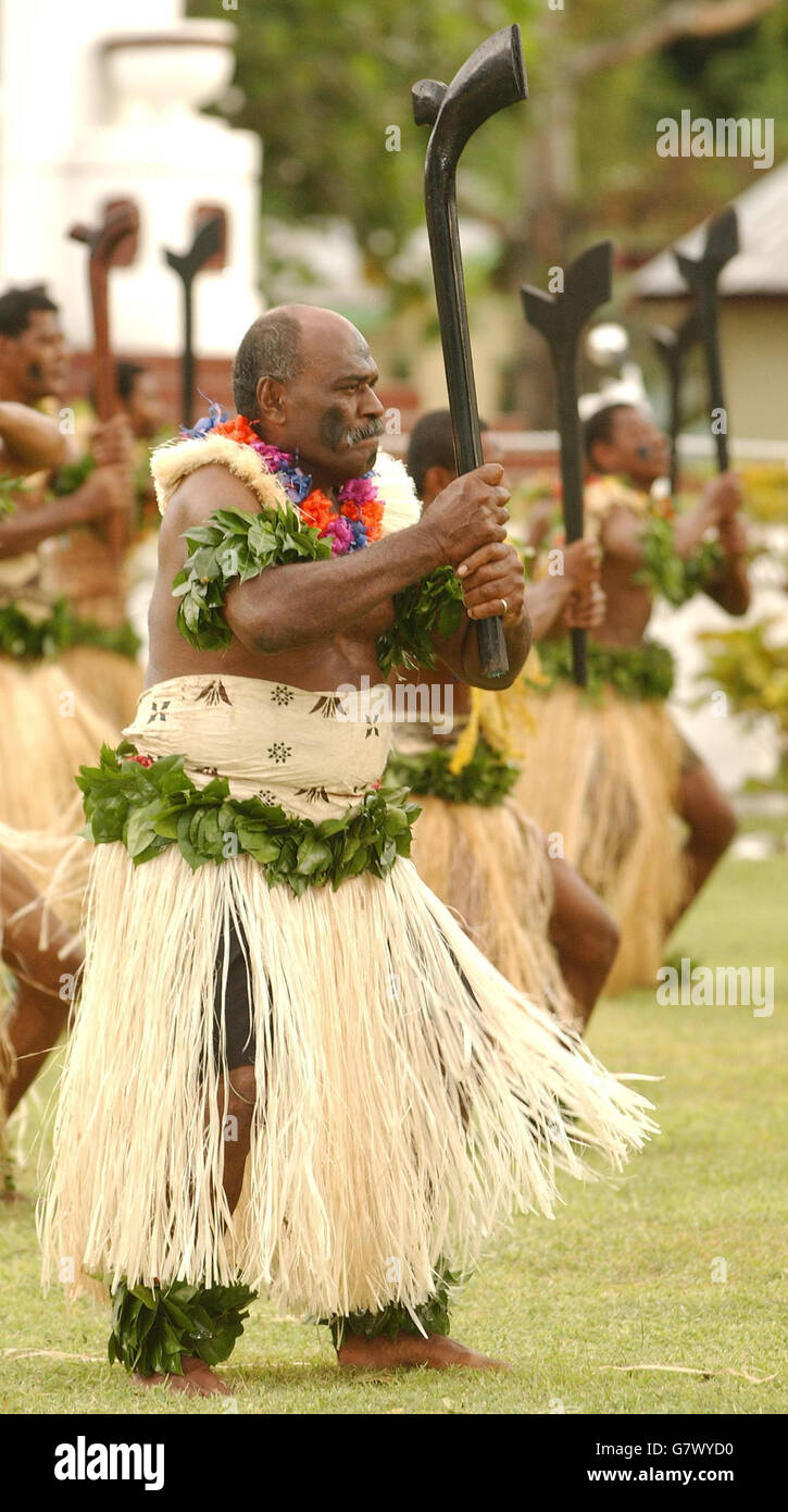 Fijian warriors perform a welcome dance for the Prince of Wales at the ...