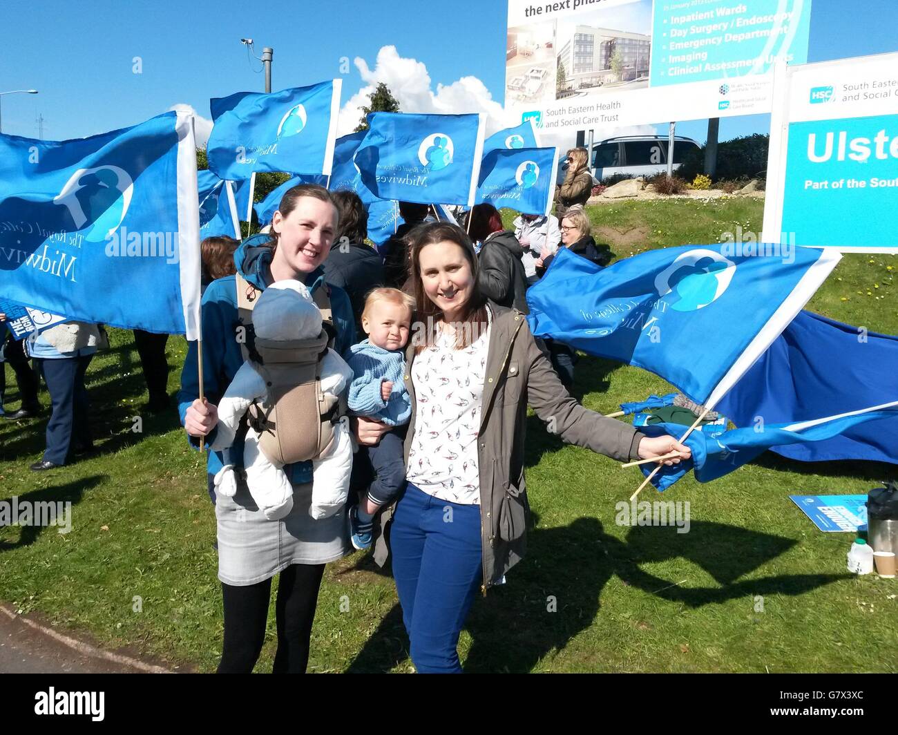 Midwives Faye Murray with daughter Clara and Rachel Kerr with her son ...
