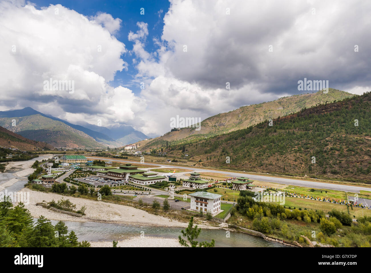 View of Paro Airport buildings and runway Stock Photo - Alamy