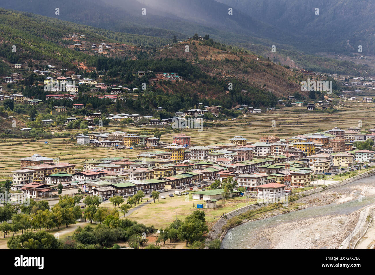 Aerial view of Paro city landscape with houses and buildings Stock ...