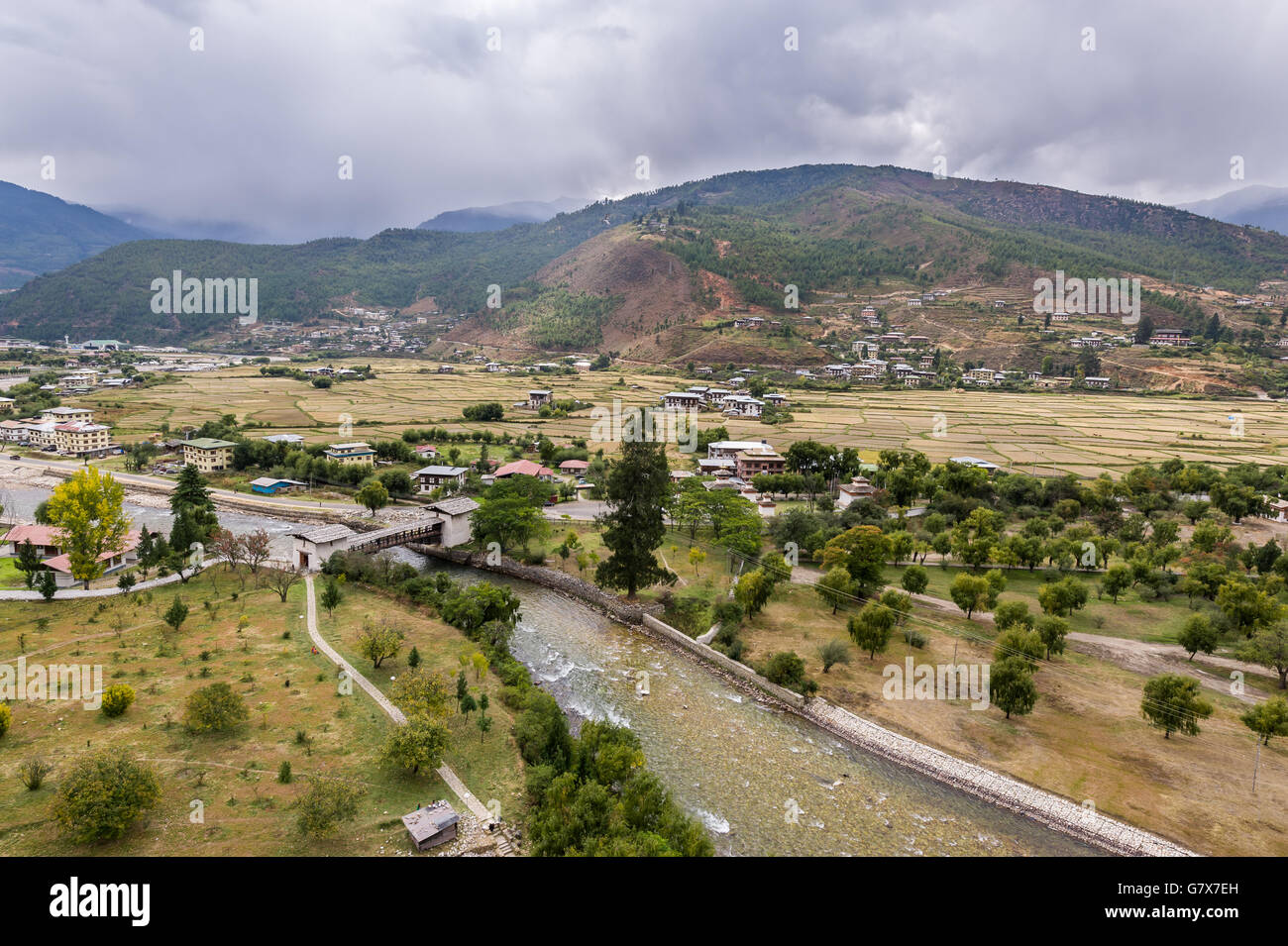Aerial view of Bhutan landscape and Paro city from Rinpung Dzong Stock ...