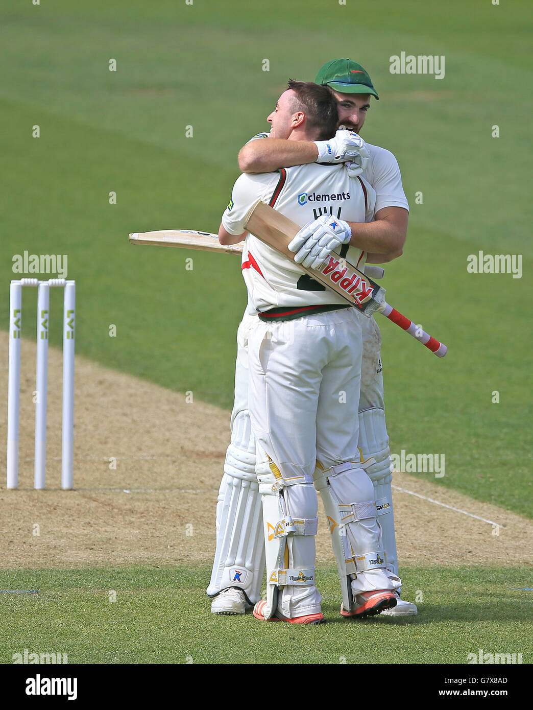 Leicestershires lewis hill celebrates after reaching his century ...