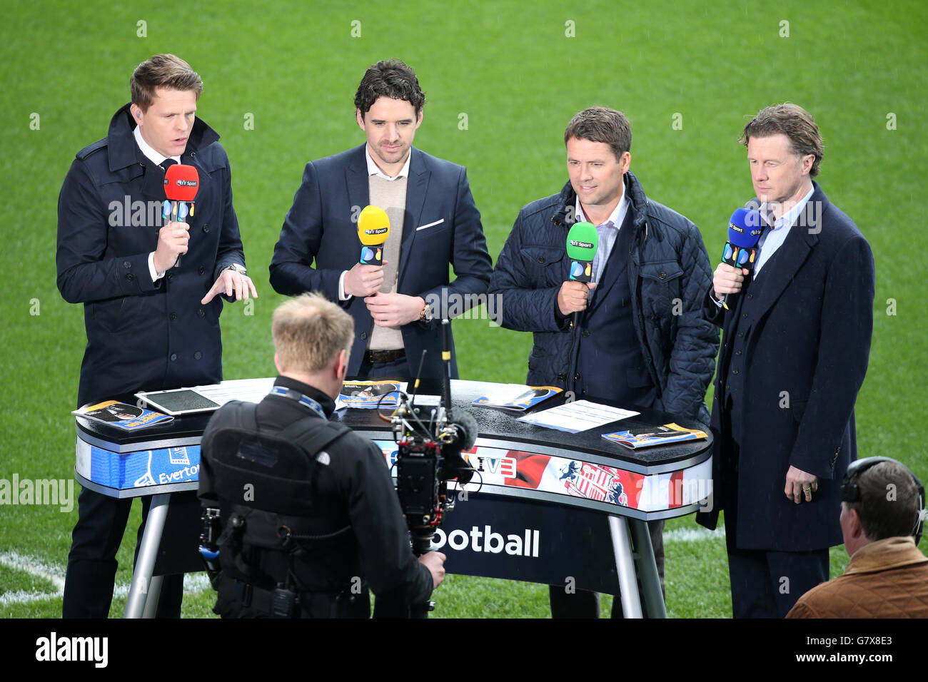 BT Sport presenter Jake Humphrey (left) speaks with pundits Owen ...