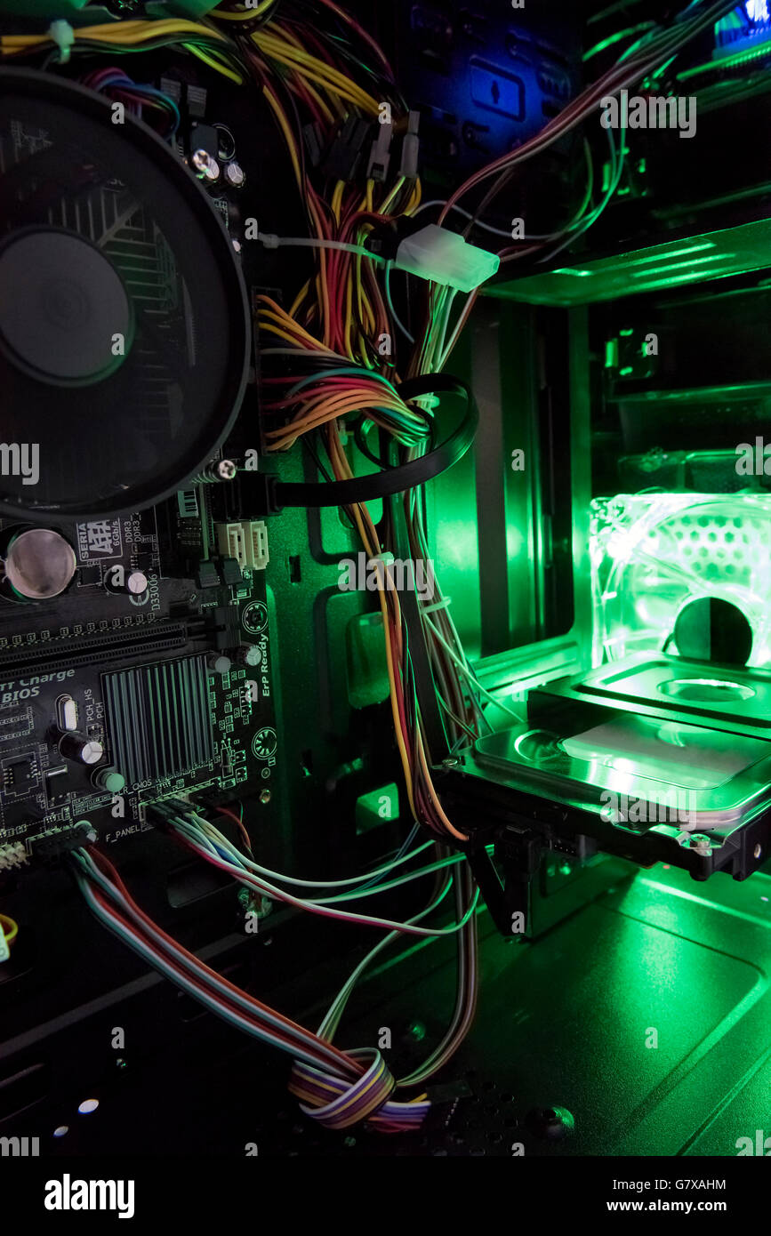 view of the internal structure of the pc with a green light from the ...