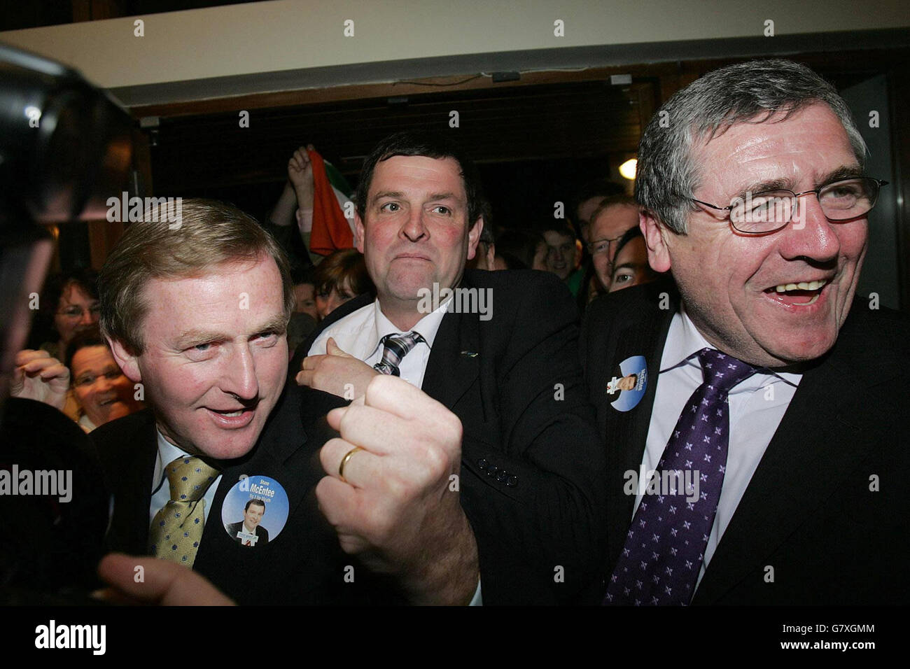 Fine Gael candidate Shane McEntee (centre) celebrates with party leader ...