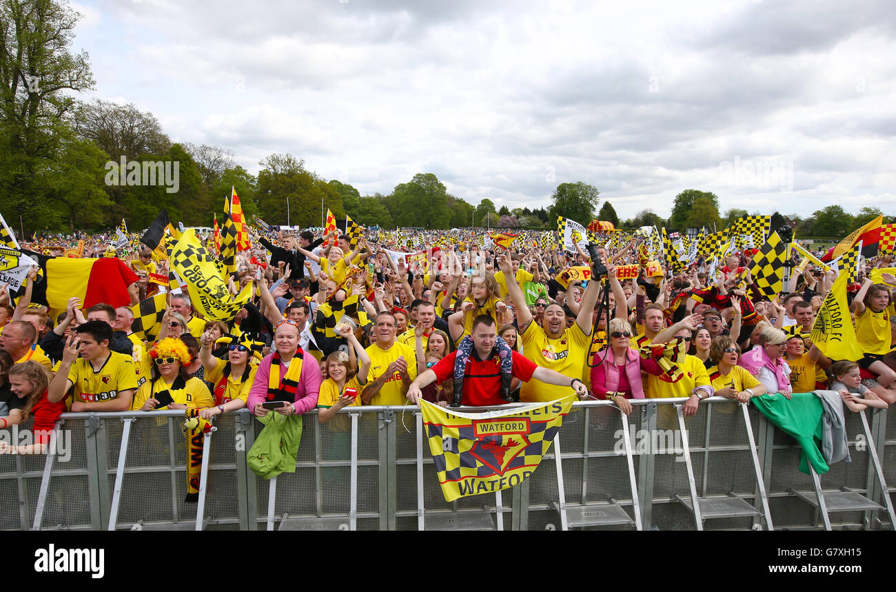Fans gather as the Watford team parade through Cassiobury Park in ...