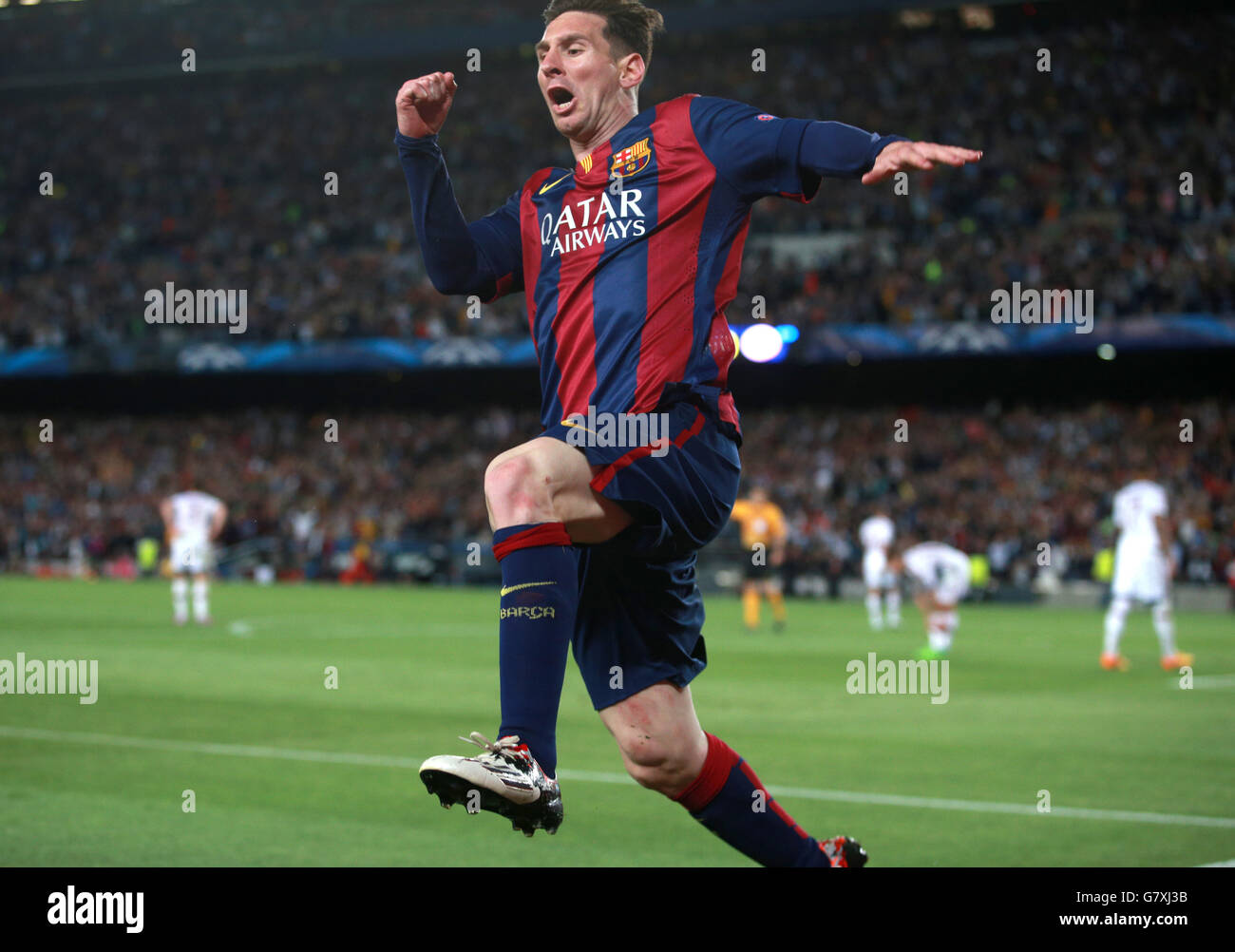 Barcelonas lionel messi celebrates scoring their goal of the game hi ...