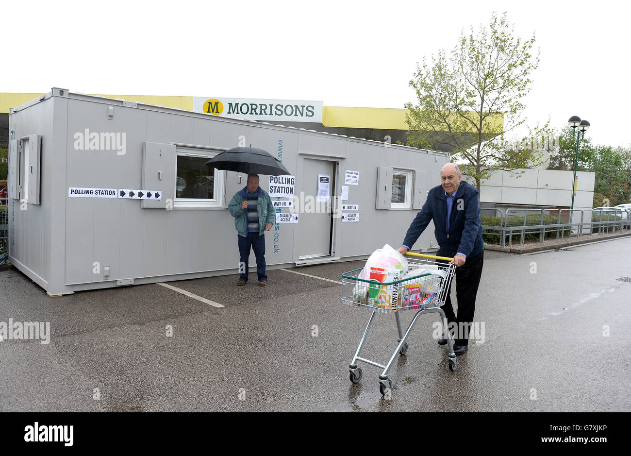 A temporary polling station in the car park of a Morrisons Supermarket ...