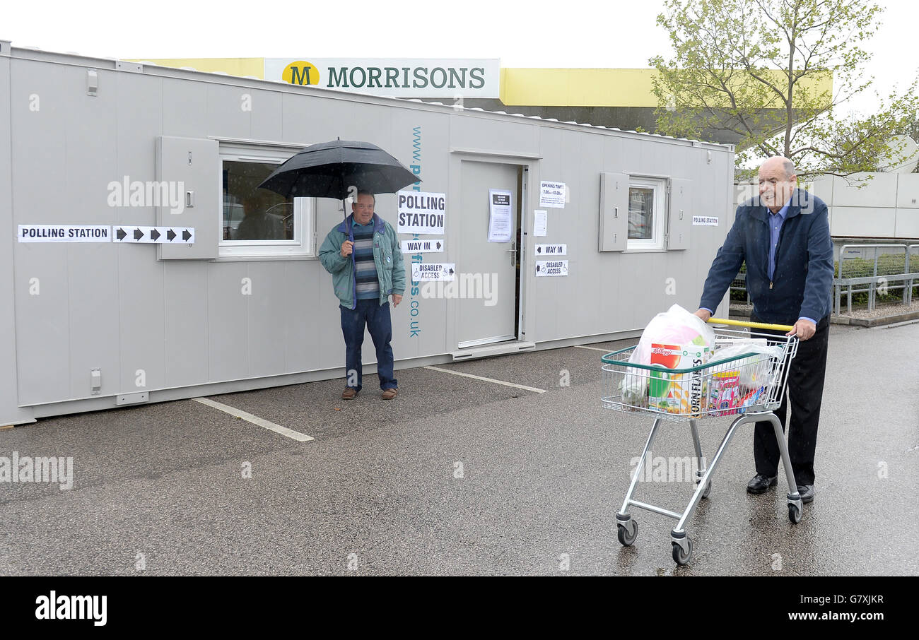 A temporary polling station in the car park of a Morrisons Supermarket ...