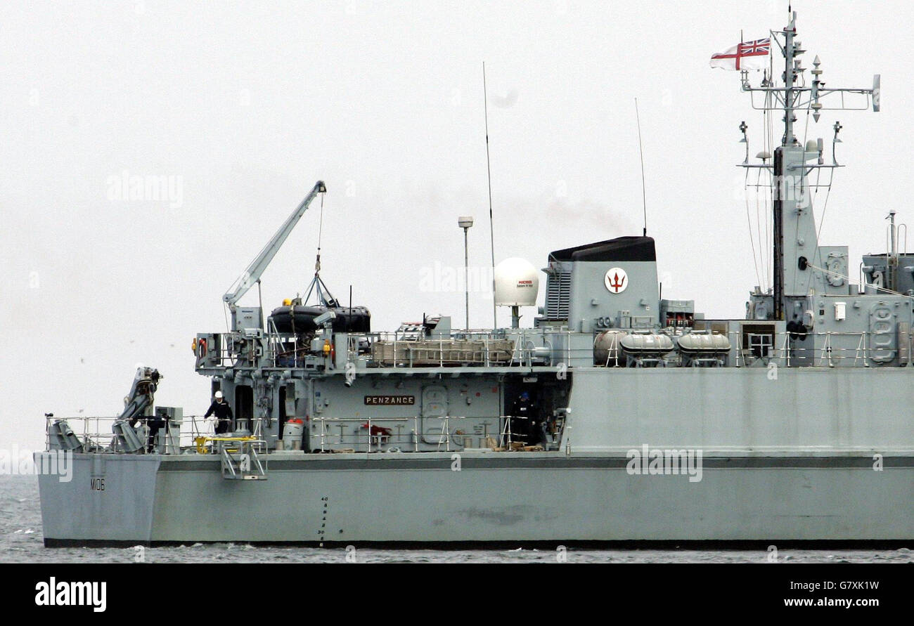 The HMS Penzance in Campbeltown Bay with some of its crew on deck. The ...
