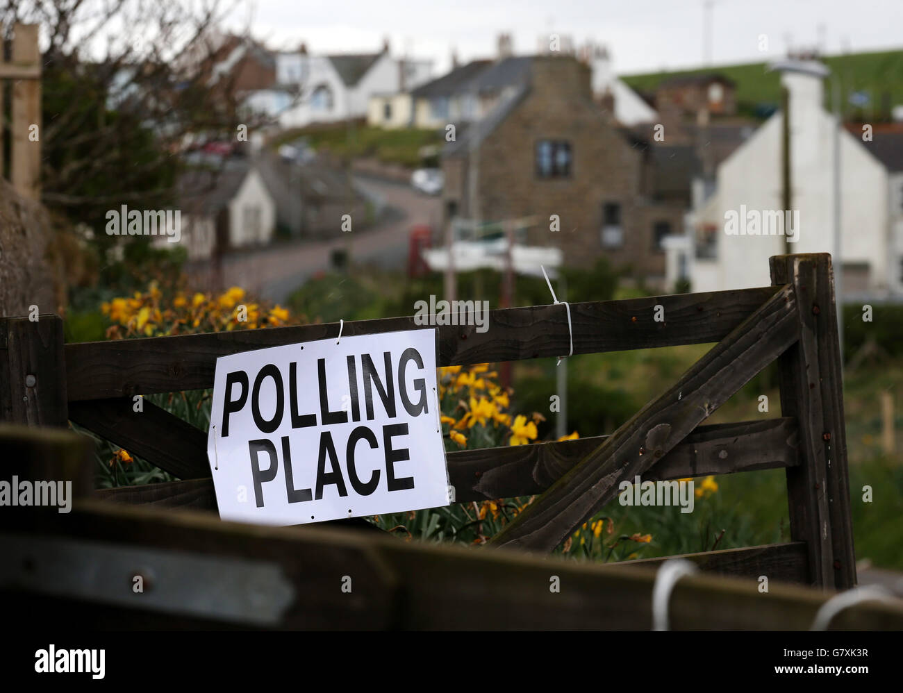 A Polling Station sign on a gate in Collieston, Aberdeenshire as ...