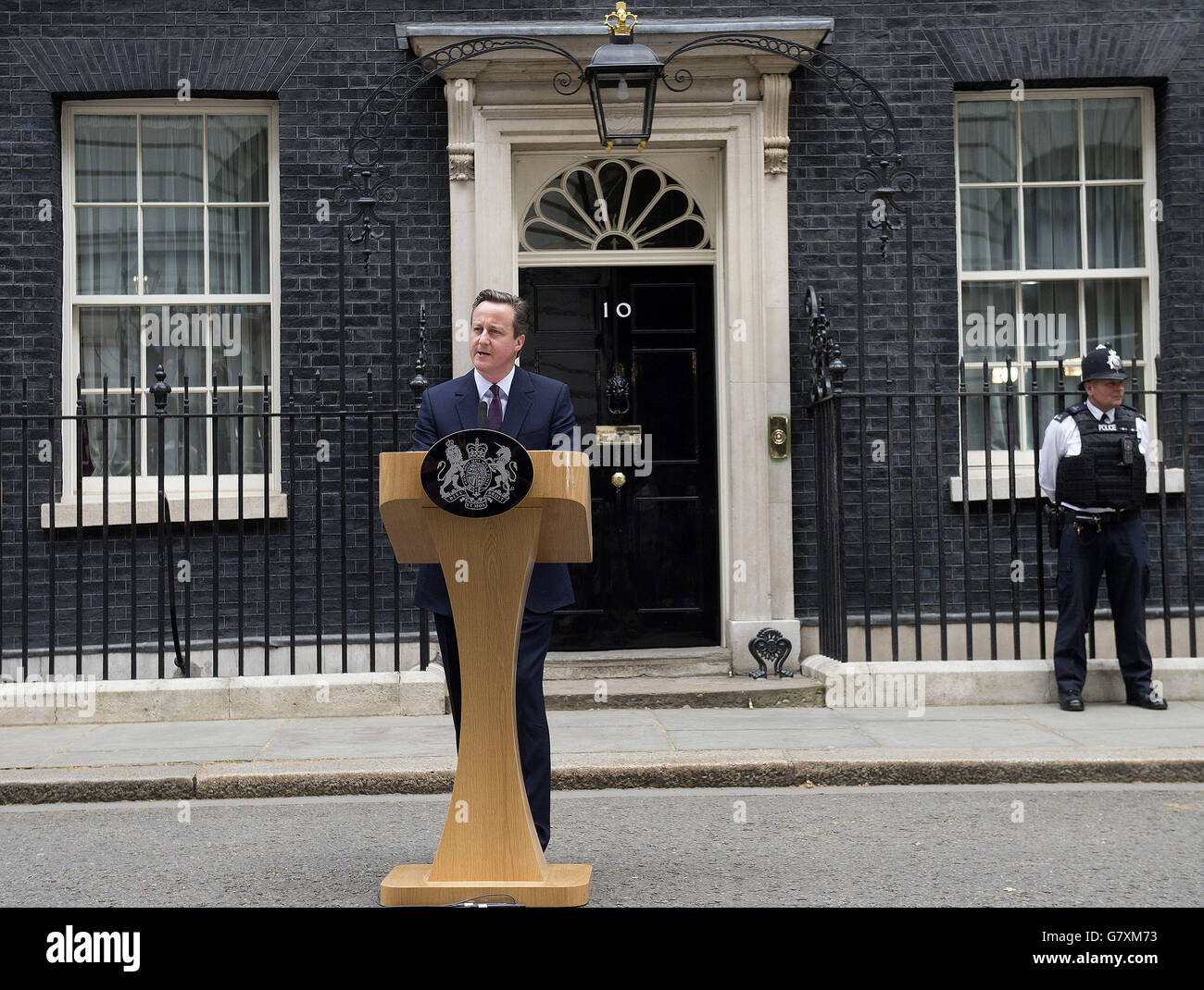 Prime Minister David Cameron speaks outside 10 Downing Street, London ...