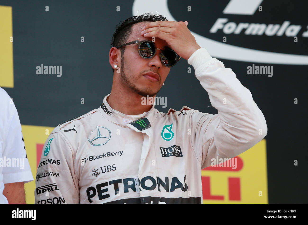 Mercedes Lewis Hamilton on the podium after his second place in the ...