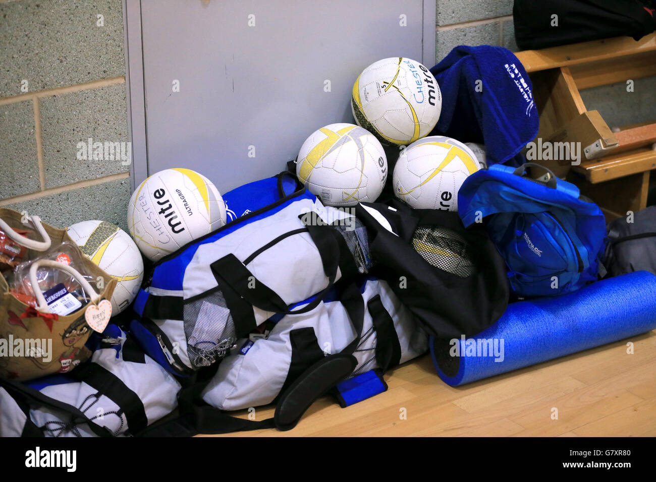 Detail of Netball equipment and balls on the sidelines Stock Photo - Alamy
