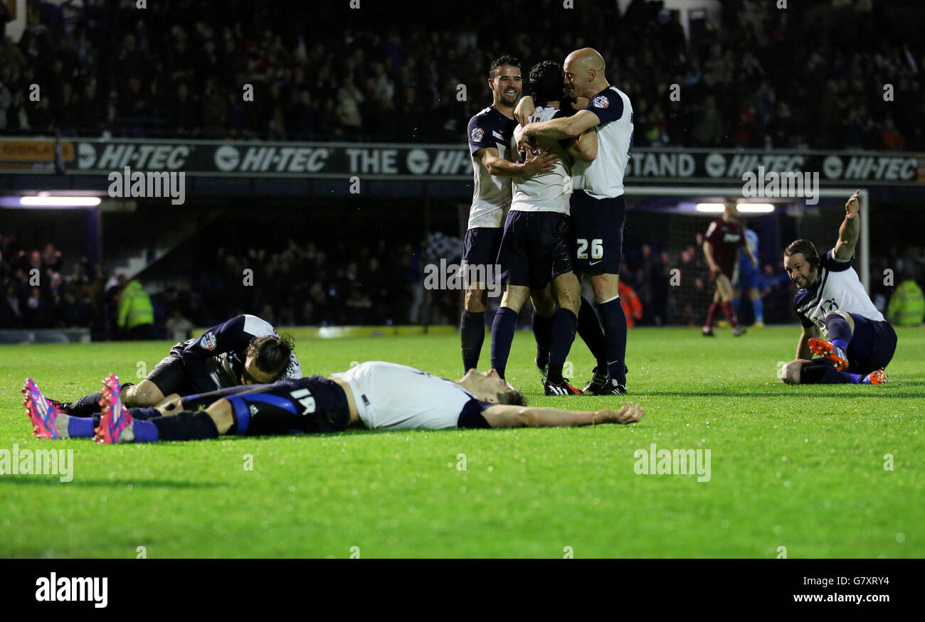 Southend United's Michael Timlin (centre) celebrates scoring his teams ...