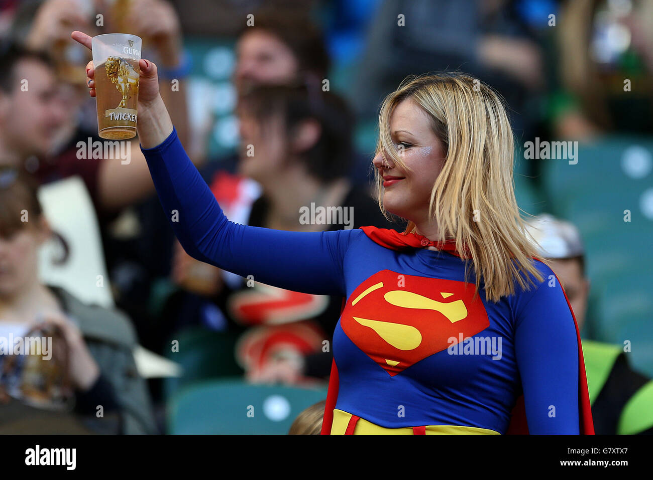 A female fan in a Super Women consume during the Marriott London Sevens ...