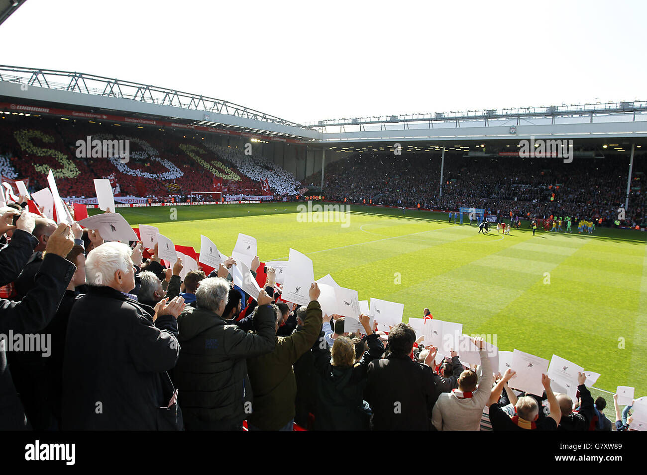 A general view of Anfield as Liverpool supporters hold up placards to ...