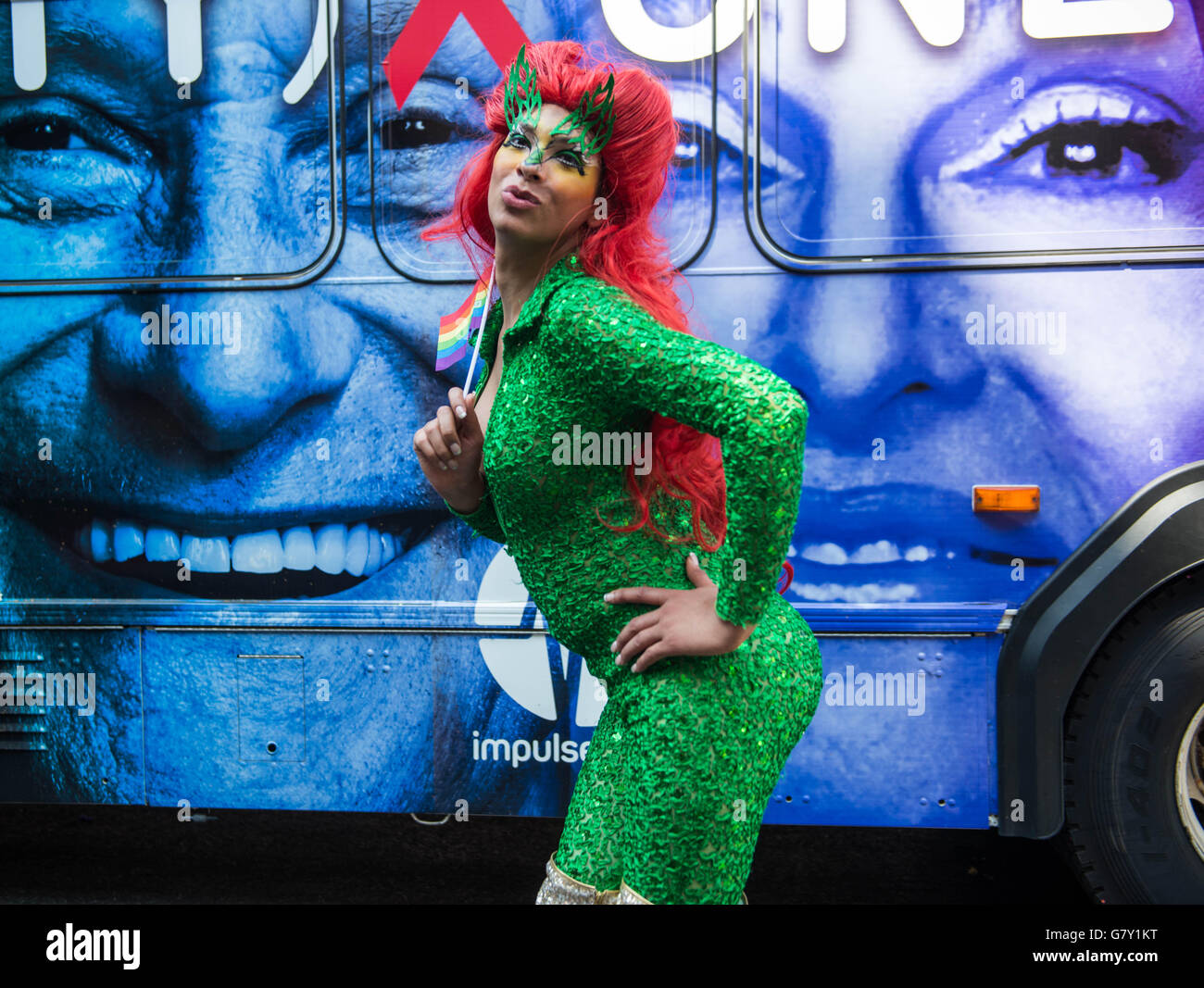 Drag queen dressed as Poison Ivy posing at the Gay Pride Parade in New ...